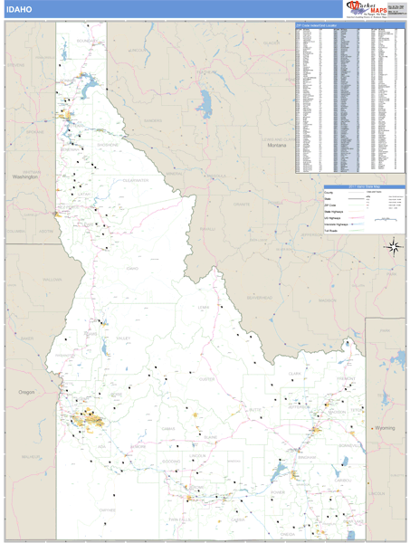 Idaho Zip Code Wall Map Basic Style by MarketMAPS
