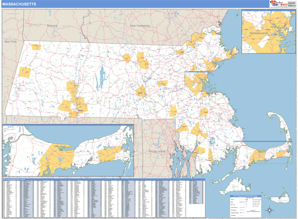 Massachusetts Zip Code Wall Map Basic Style by MarketMAPS