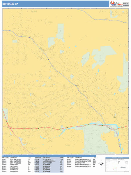 Burbank California Zip Code Wall Map (Basic Style) by MarketMAPS
