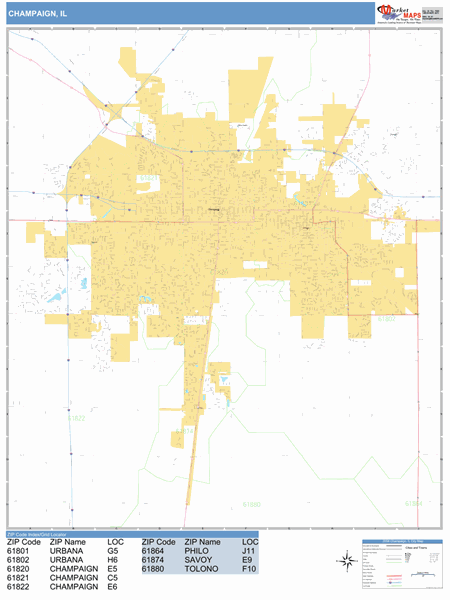 Champaign Illinois Wall Map (Basic Style) by MarketMAPS