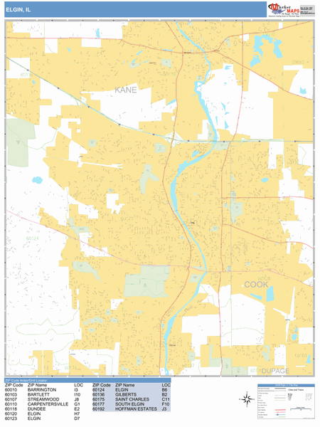 Elgin Illinois Zip Code Wall Map (Basic Style) by MarketMAPS