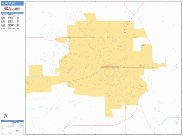 Muncie Indiana Zip Code Wall Map (Basic Style) by MarketMAPS