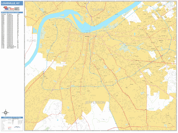 Louisville Kentucky Zip Code Wall Map (Basic Style) by MarketMAPS