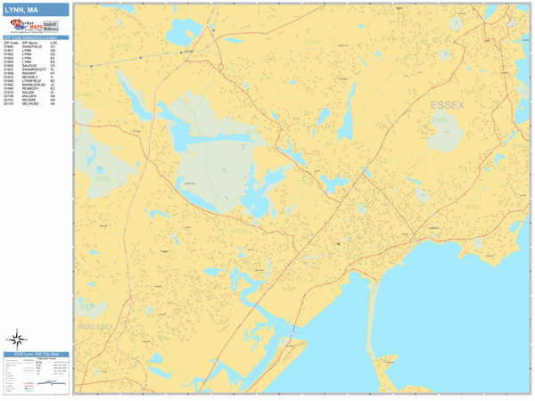 Lynn Massachusetts Wall Map (Basic Style) by MarketMAPS