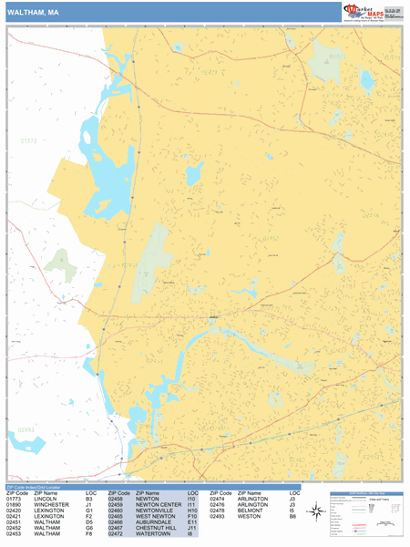 Waltham Massachusetts Wall Map (Basic Style) by MarketMAPS