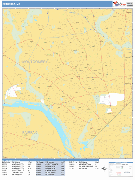 Bethesda Maryland Zip Code Wall Map (Basic Style) by MarketMAPS