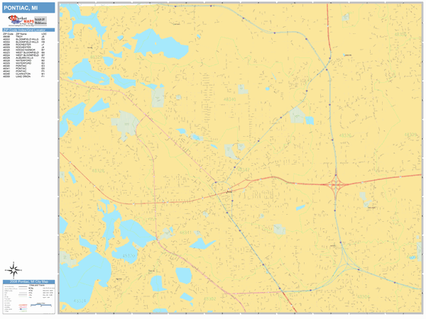 Pontiac Michigan Wall Map (Basic Style) by MarketMAPS