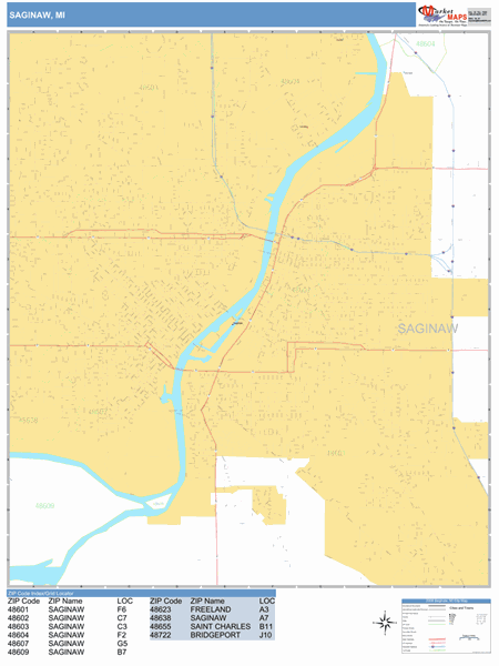 Saginaw Michigan Zip Code Wall Map (Basic Style) by MarketMAPS