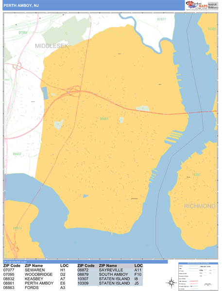 Perth Amboy New Jersey Zip Code Wall Map (Basic Style) by MarketMAPS