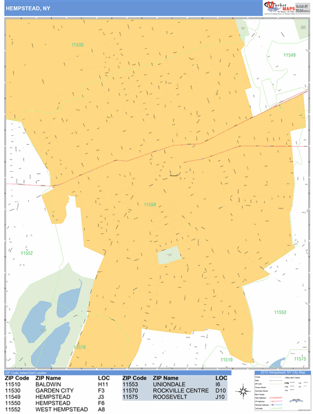 Hempstead New York Zip Code Wall Map (Basic Style) by MarketMAPS