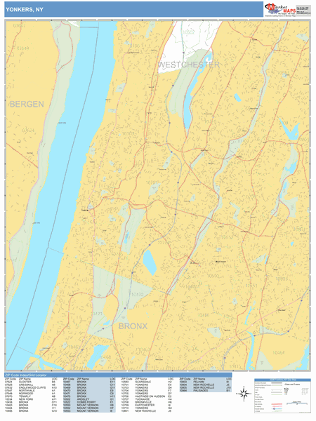 Yonkers New York Zip Code Wall Map (Basic Style) by MarketMAPS