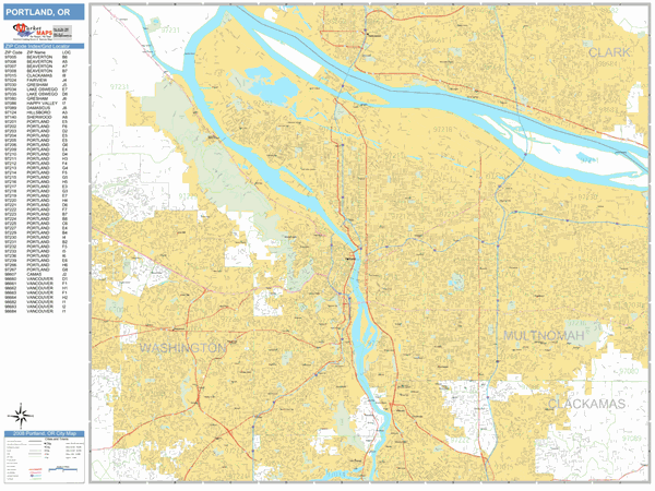Portland Oregon Zip Code Wall Map (Basic Style) by MarketMAPS