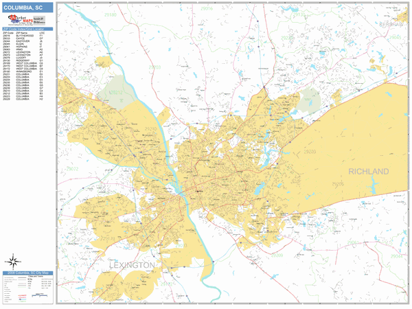 Columbia South Carolina Zip Code Wall Map (Basic Style) by MarketMAPS