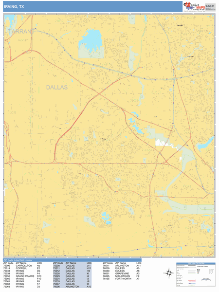 Irving Texas Zip Code Wall Map (Basic Style) by MarketMAPS