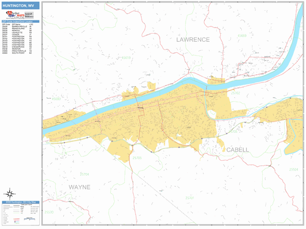 Huntington West Virginia Wall Map (Basic Style) by MarketMAPS