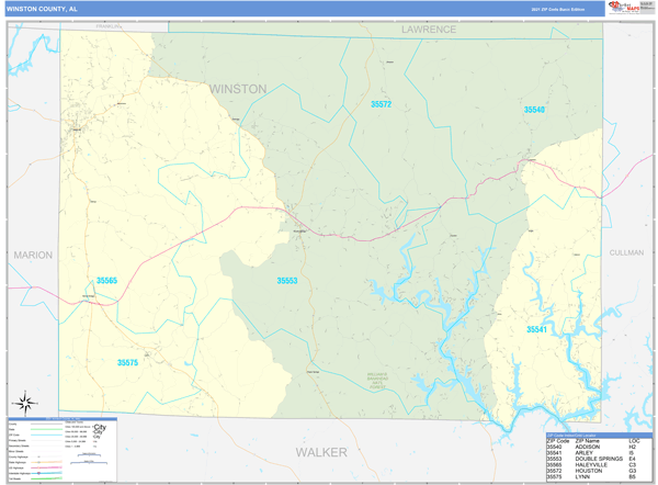 Winston County, AL Zip Code Wall Map Basic Style by MarketMAPS