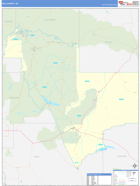 Gila County, AZ Zip Code Wall Map Basic Style by MarketMAPS