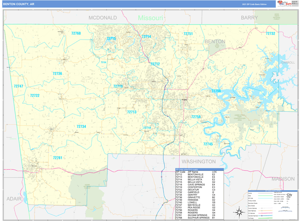 Benton County, AR Zip Code Wall Map Basic Style by MarketMAPS