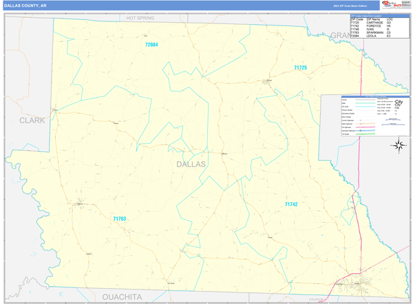Dallas County, AR Zip Code Wall Map Basic Style by MarketMAPS