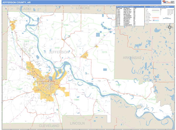 Jefferson County, AR Zip Code Wall Map Basic Style by MarketMAPS