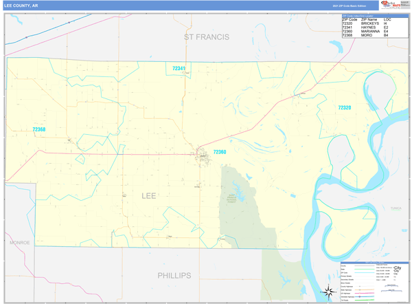 Lee County, AR Zip Code Wall Map Basic Style by MarketMAPS