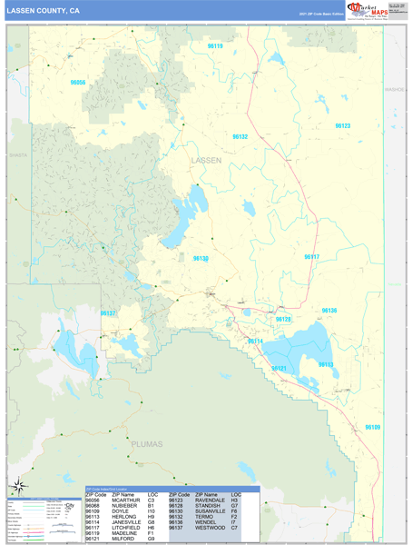 Lassen County, CA Zip Code Wall Map Basic Style by MarketMAPS