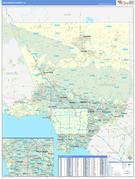 Los Angeles County, CA Zip Code Wall Map Basic Style by MarketMAPS