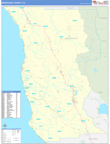 Mendocino County, CA Zip Code Wall Map Basic Style by MarketMAPS