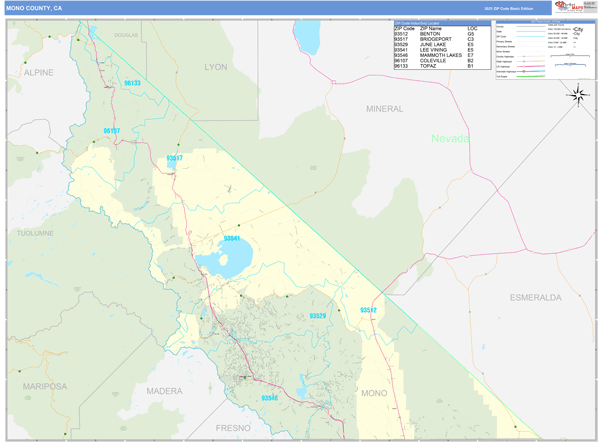 Mono County, CA Zip Code Wall Map Basic Style by MarketMAPS
