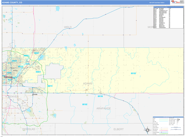 Adams County, CO Zip Code Wall Map Basic Style by MarketMAPS