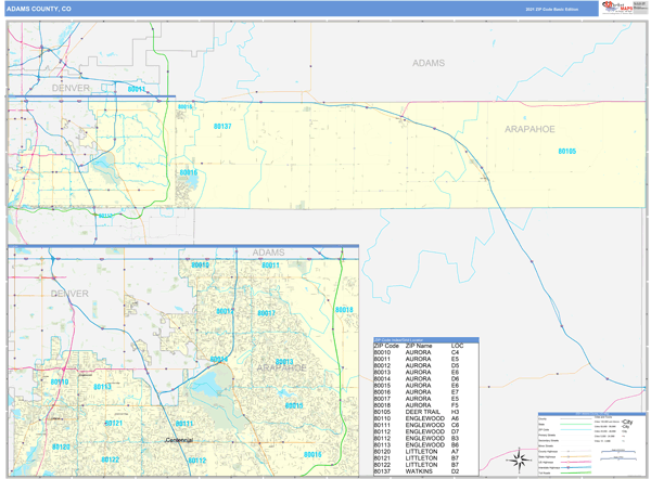 Arapahoe County, CO Zip Code Wall Map Basic Style by MarketMAPS