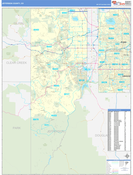 Jefferson County, CO Zip Code Wall Map Basic Style by MarketMAPS