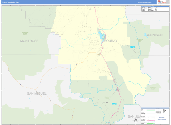 Ouray County, CO Zip Code Wall Map Basic Style by MarketMAPS