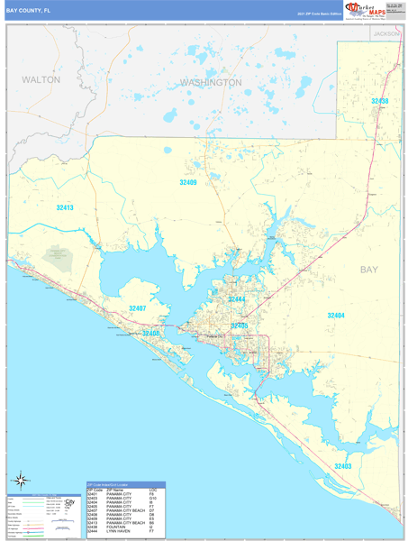 Bay County, FL Zip Code Wall Map Basic Style by MarketMAPS