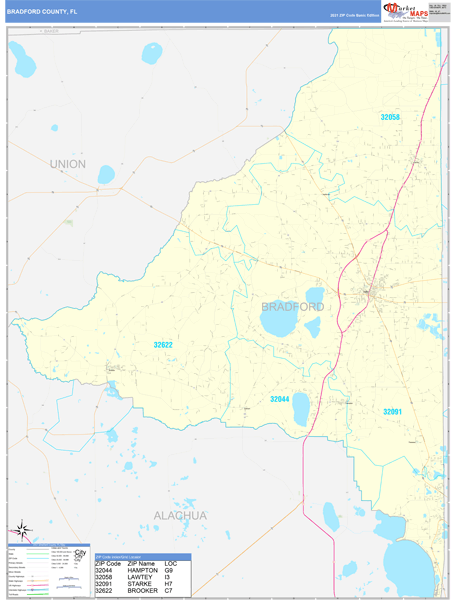 Bradford County, FL Zip Code Wall Map Basic Style by MarketMAPS