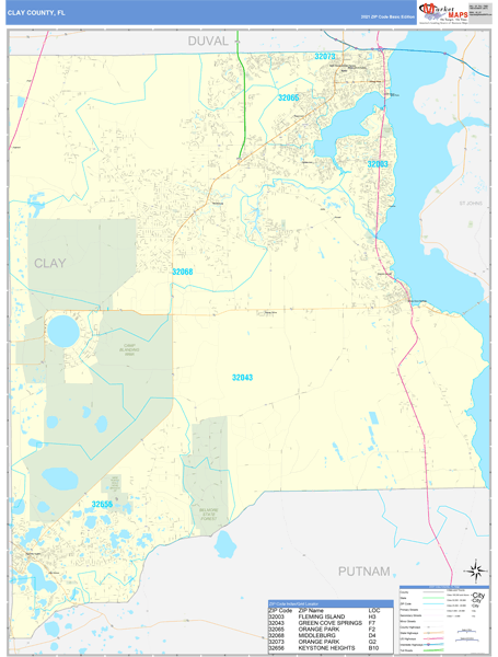 Clay County, FL Zip Code Wall Map Basic Style by MarketMAPS