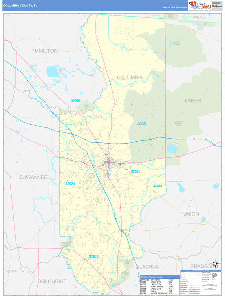 Columbia County, FL Zip Code Wall Map Basic Style by MarketMAPS