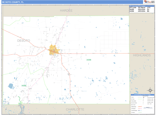 DeSoto County, FL Zip Code Wall Map Basic Style by MarketMAPS