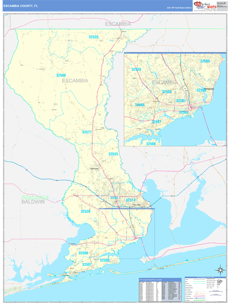 Escambia County, FL Zip Code Wall Map Basic Style by MarketMAPS