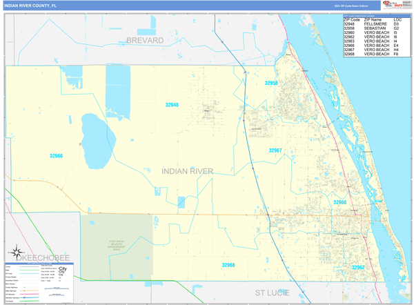 Indian River County, FL Zip Code Wall Map Basic Style by MarketMAPS
