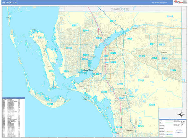 Lee County, FL Zip Code Wall Map Basic Style by MarketMAPS