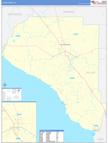 Taylor County, FL Zip Code Wall Map Basic Style by MarketMAPS