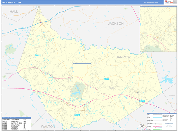 Barrow County, GA Zip Code Wall Map Basic Style by MarketMAPS