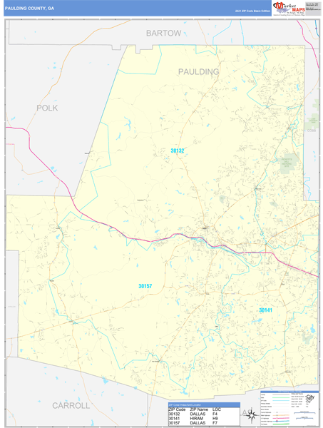 Paulding County, GA Zip Code Wall Map Basic Style by MarketMAPS