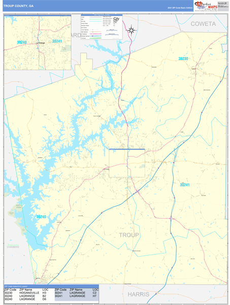 Troup County, GA Zip Code Wall Map Basic Style by MarketMAPS