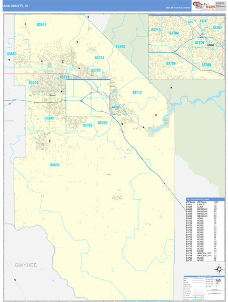 Ada County, ID Zip Code Wall Map Basic Style by MarketMAPS
