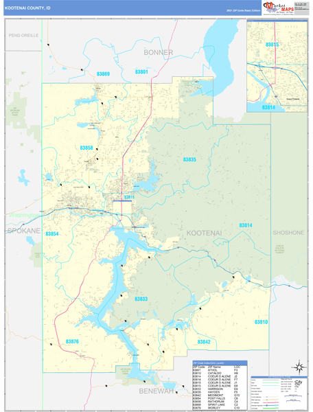 Kootenai County, ID Zip Code Wall Map Basic Style by MarketMAPS
