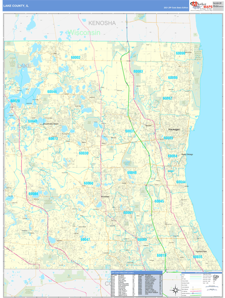 Lake County, IL Zip Code Wall Map Basic Style by MarketMAPS