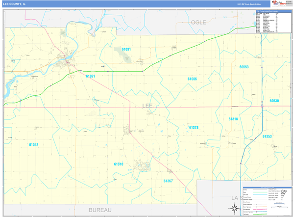 Lee County, IL Zip Code Wall Map Basic Style by MarketMAPS