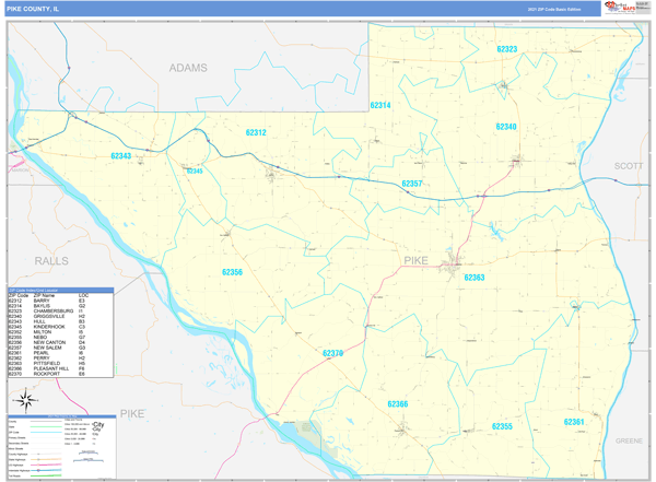 Pike County, IL Zip Code Wall Map Basic Style by MarketMAPS